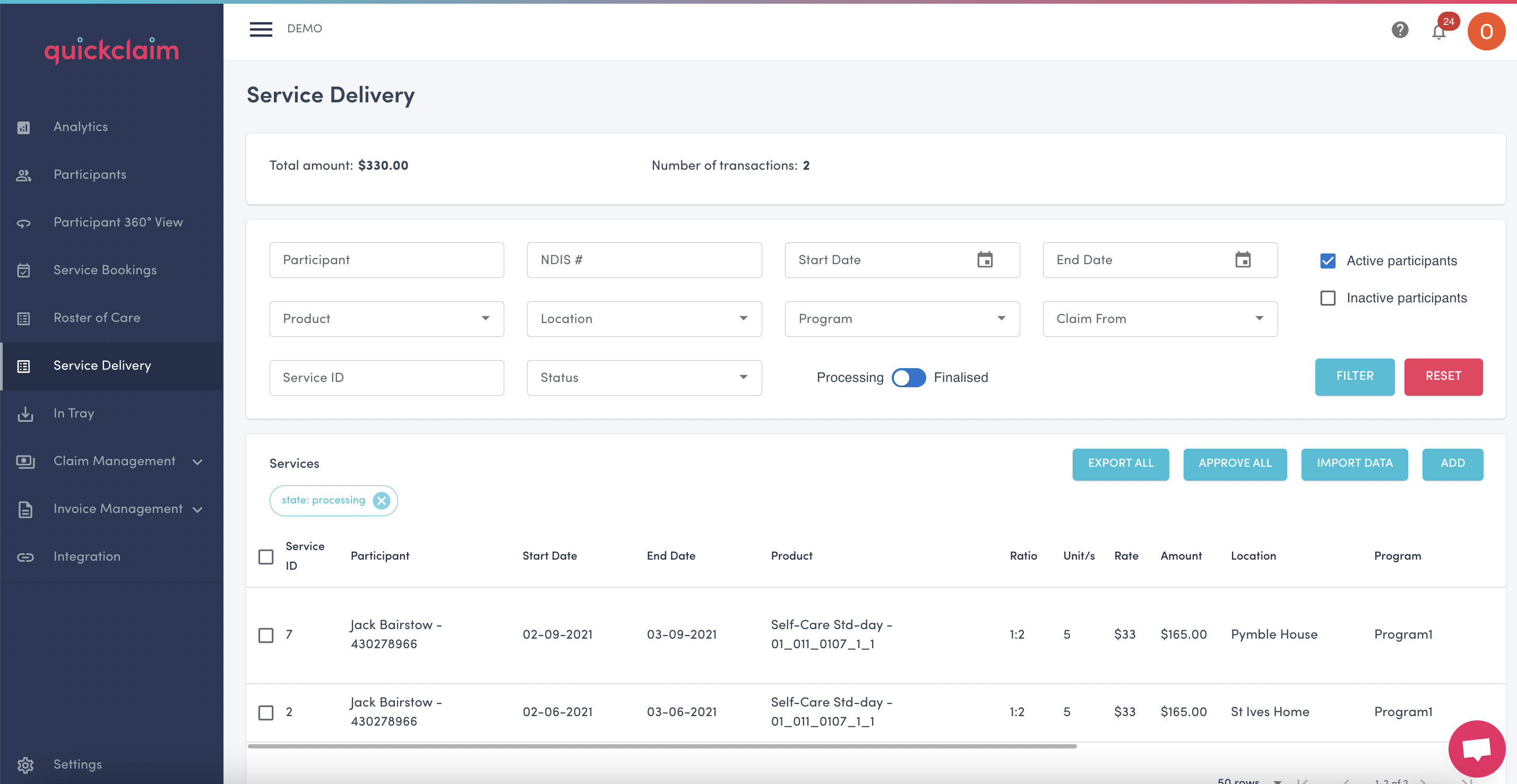 Using the Service Delivery module in quickclaim
